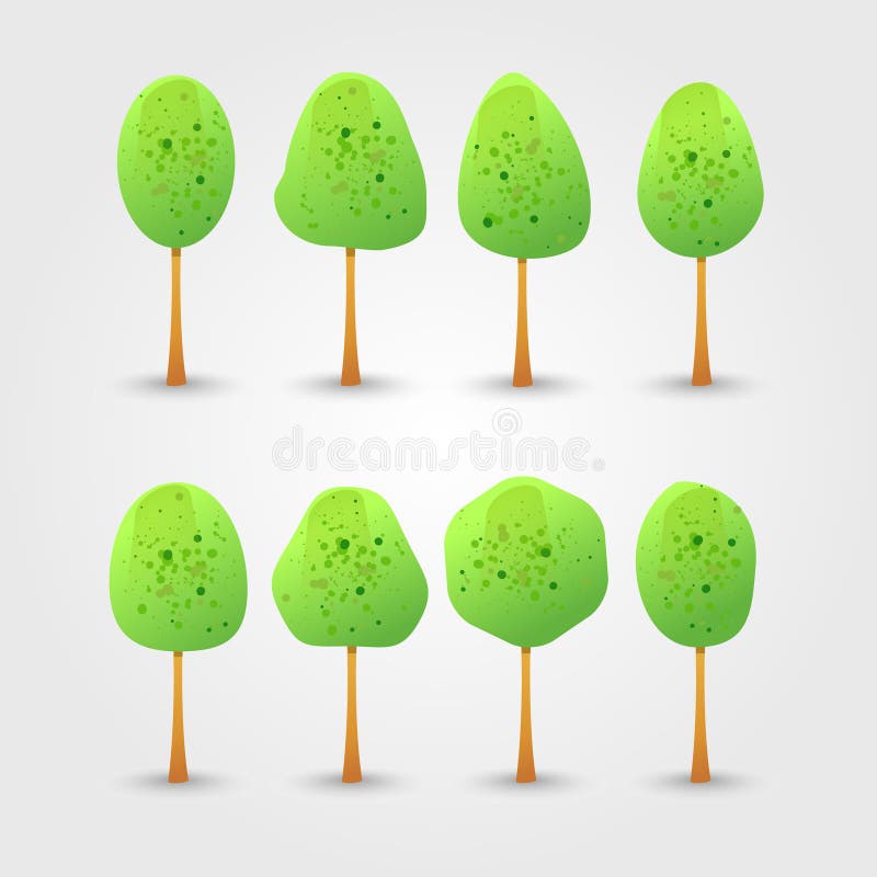 Collection of Bright Green Trees with Drop Shadow. Vector Illustration ...