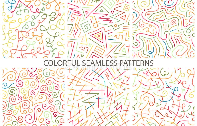 Collection of Bright Hand Drawn Seamless Curly Patterns - Delicate ...