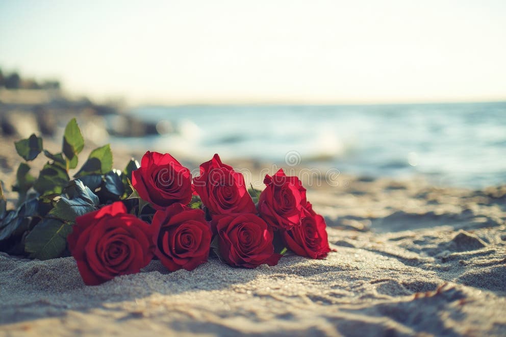 A Collection of Bright Red Roses Placed on the Surface of a Sandy Beach ...