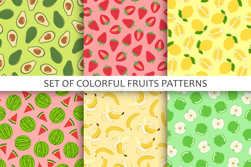 Collection of Bright Seamless Fruits Patterns - Hand Drawn Design ...