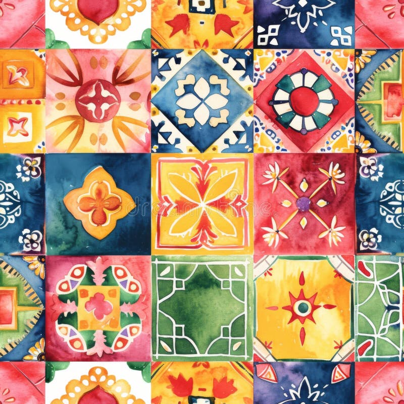 Collection of Bright Watercolor Tiles with Folk Art Patterns Stock ...