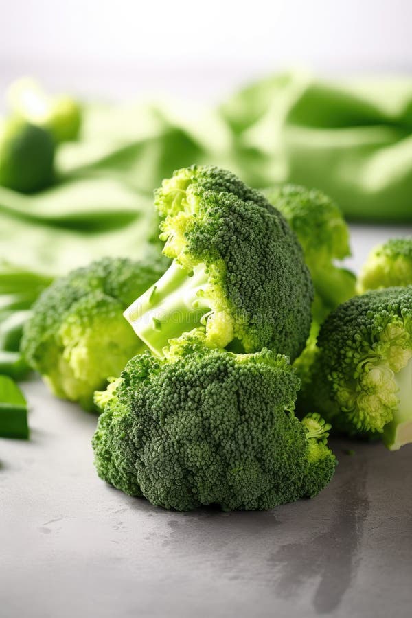 A Collection of Broccoli Pieces Stacked on Top of a Wooden Table Stock ...