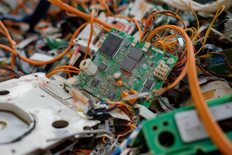 Close Up of Discarded Circuit Boards and Wires at an E-waste Recycling ...