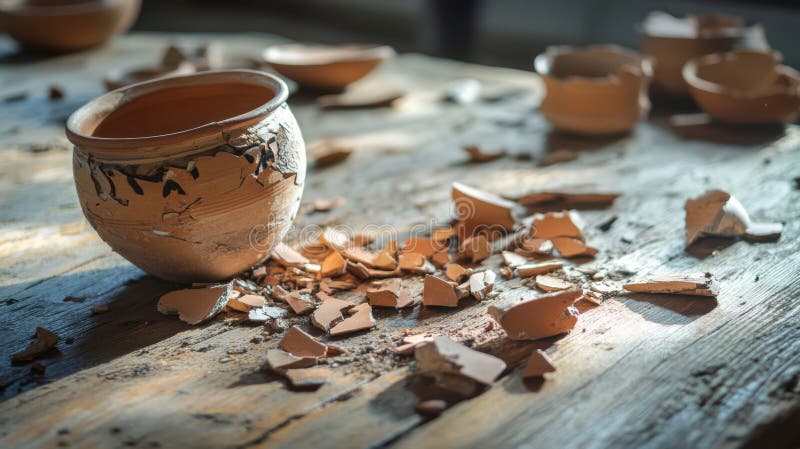 A Collection of Broken Pottery on a Wooden Table Stock Illustration ...