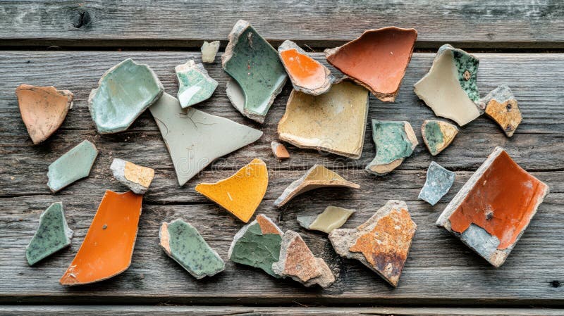 A Collection of Broken Pottery on a Wooden Table Stock Illustration ...