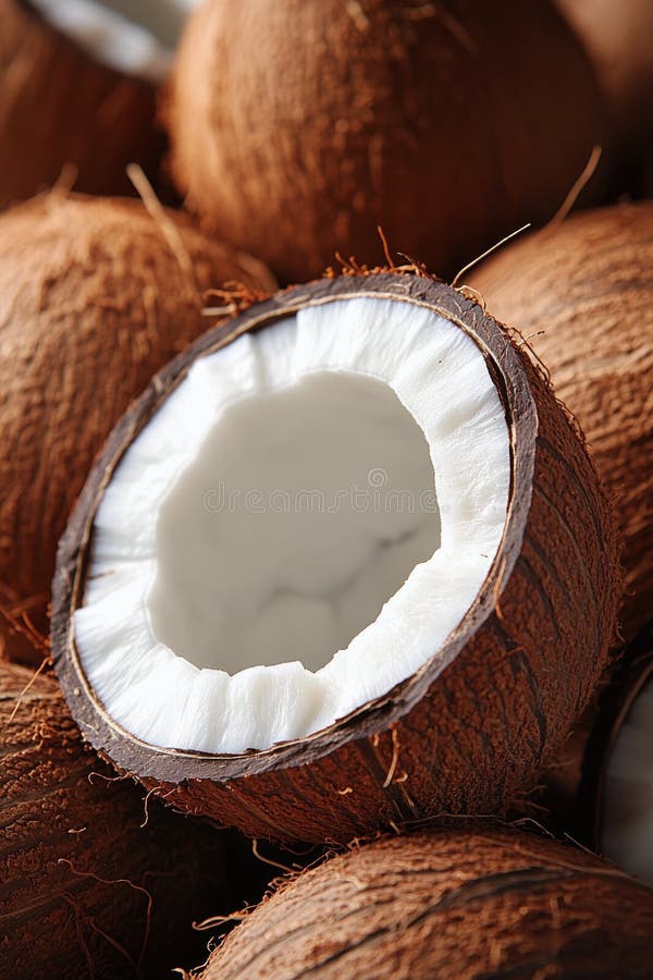 Brown Coconuts with Cracked Shells Revealing White Flesh on a Table in ...