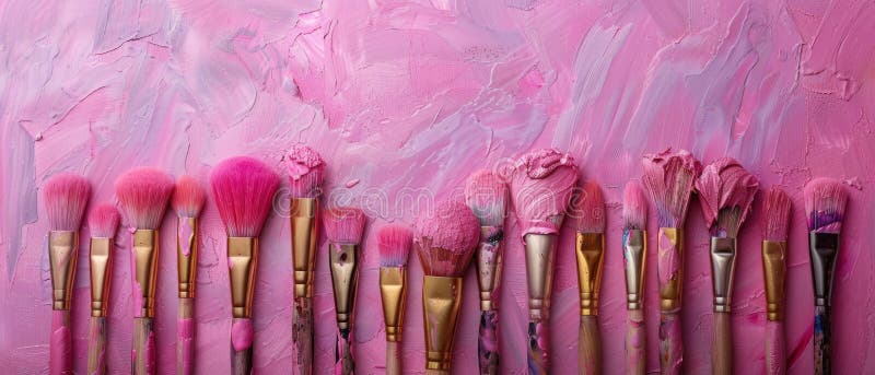 A Collection of Brushes with Pink Paint Used for Creating Wall Art ...