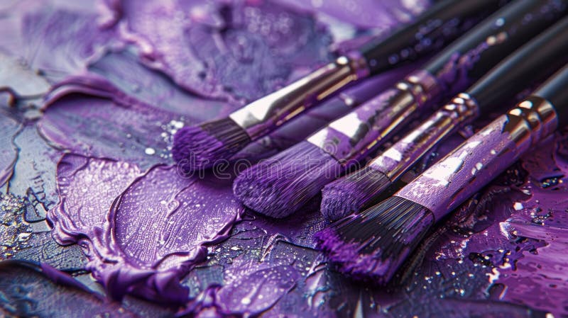 A Collection of Brushes Set on a Palette with Shimmering Violet Paint ...