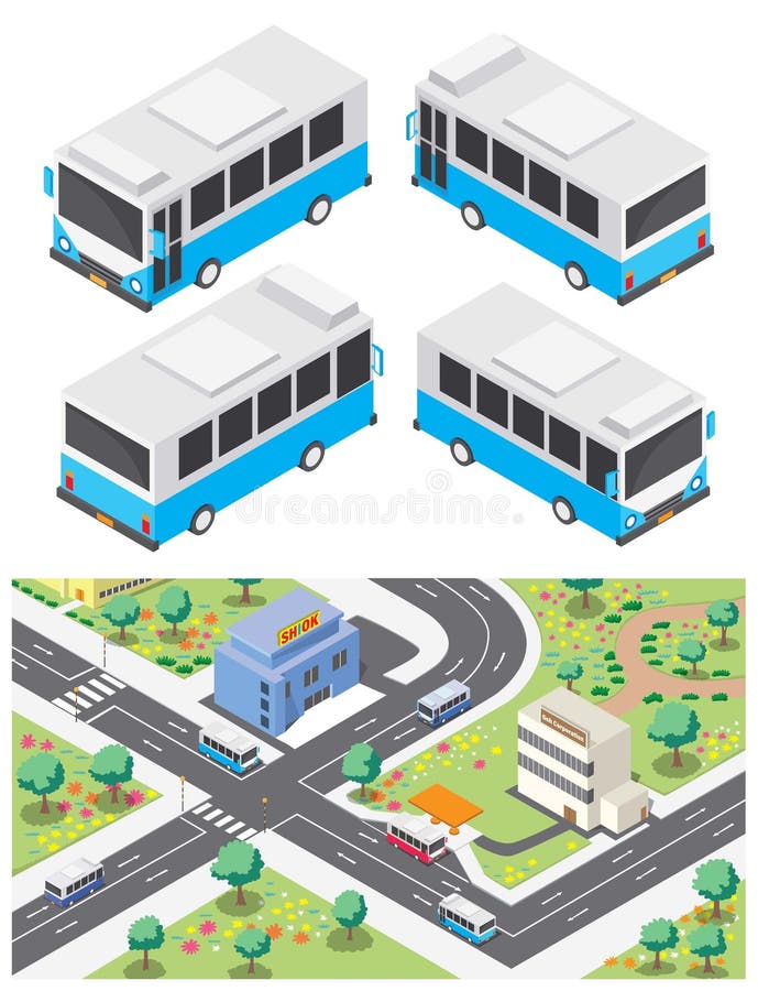 A Collection of Bus Designs and Town Intersection. Stock Vector ...