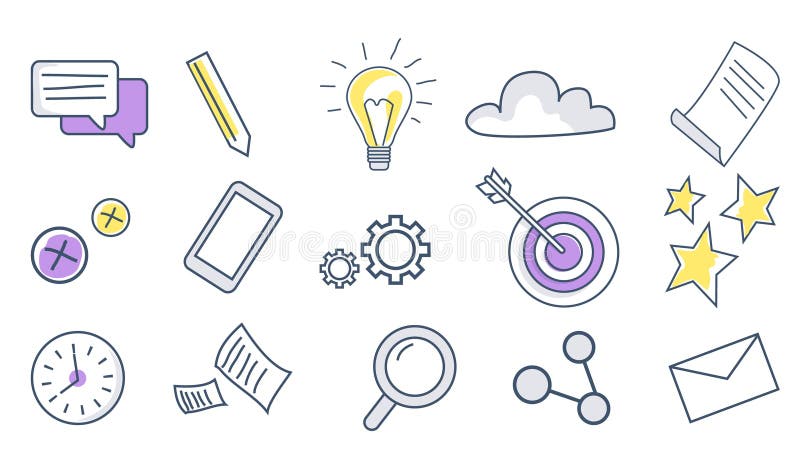Collection of Business Icons with Lightbulb, Targets, and Communication ...
