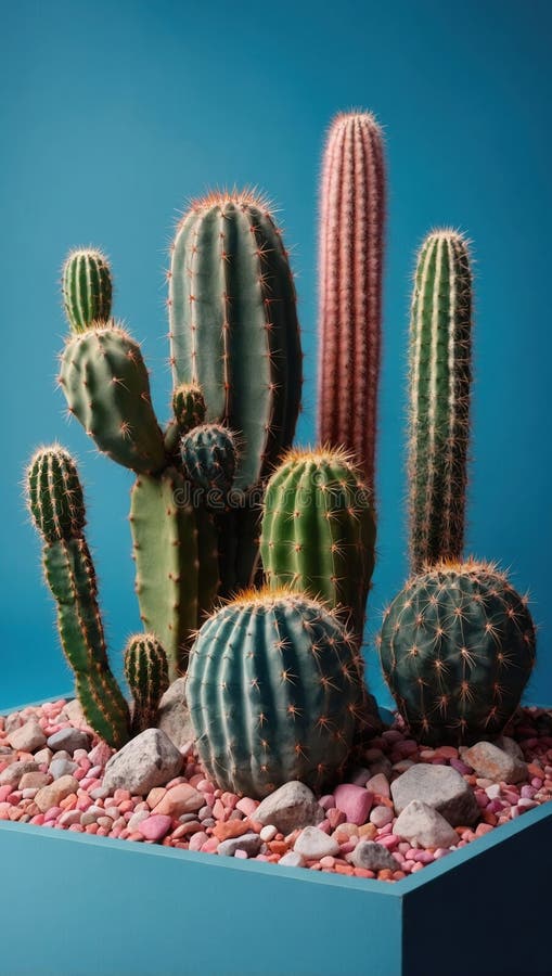 Collection of Cacti Against Blue-gray Gradient, Surrounded by Small ...
