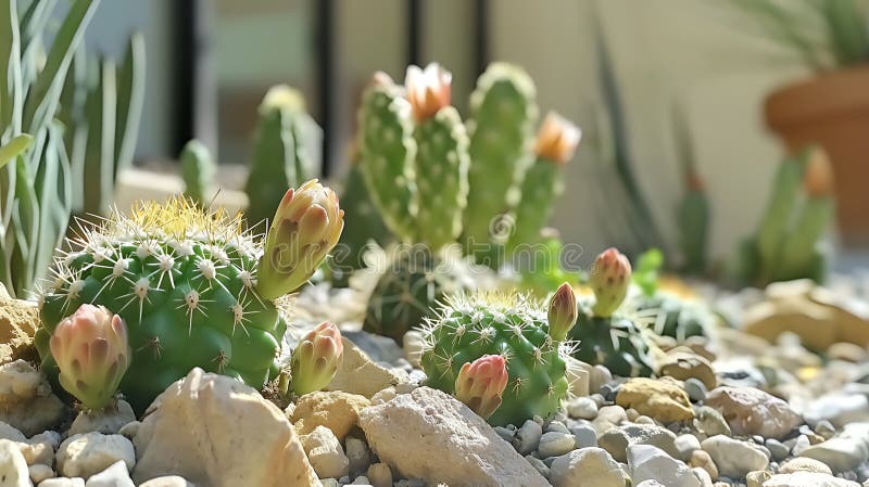 A Collection of Cacti with Pink Flowers Growing in a Pot Filled with ...