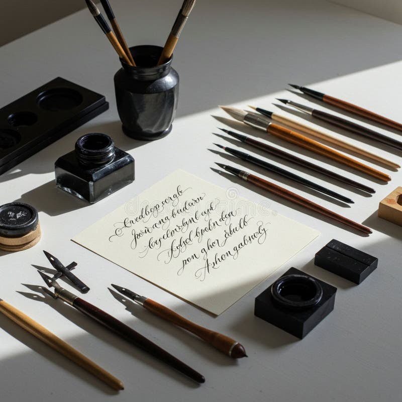A Collection of Calligraphy Tools Arranged on a White Surface. Includes ...