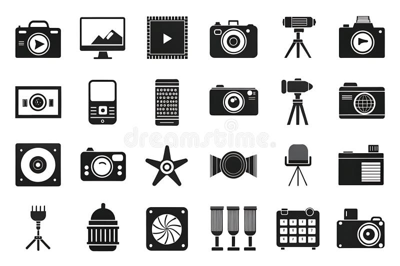 Collection of Camera Icons Including a Camera, Tripod, and Other ...