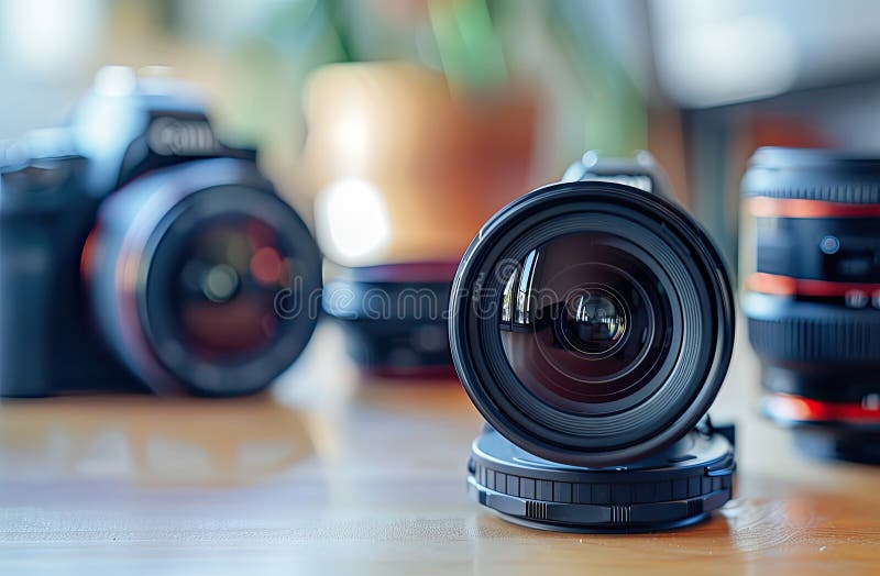 A Collection of Camera Lenses Placed on a Wooden Table Stock Image ...