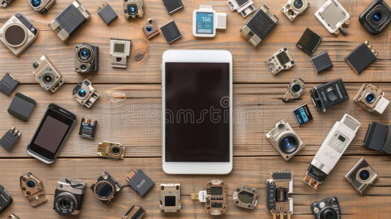 A Collection of Cameras, Electronics, and Other Gadgets are Scattered ...