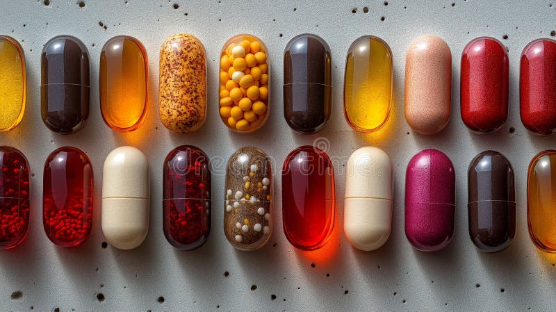 Variety of Colorful Capsules and Vitamins Arranged Neatly on a Surface ...