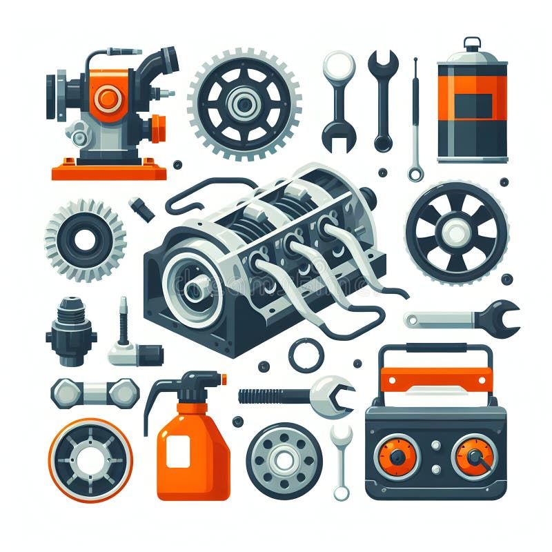 A Collection of Car Parts and Tools, Including a Wrench, a Can of Oil ...