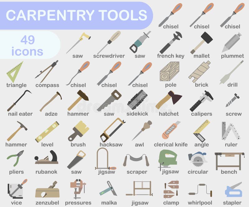 Collection of Carpentry Tools Icons. Colored Bright Icons of a ...