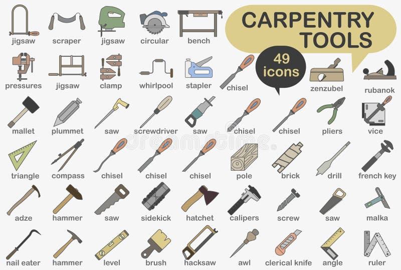 Collection of Carpentry Tools Icons with Stroke. Tool for a Carpentry ...