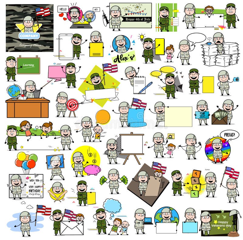 Comic Army Man Poses - Collection of Concepts Vector Illustrations ...