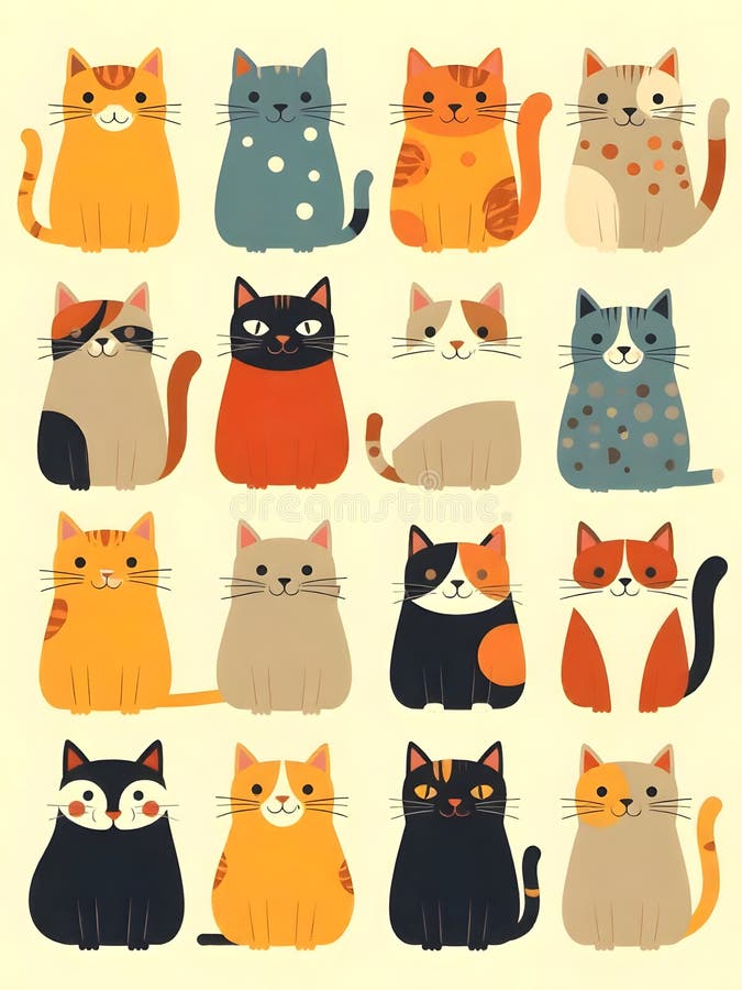 A Collection of Cartoon Cats in Various Colors and Expressions ...