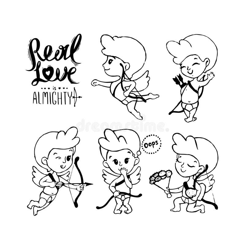 Collection Of Cartoon Cupids In Black And White Stock Vector