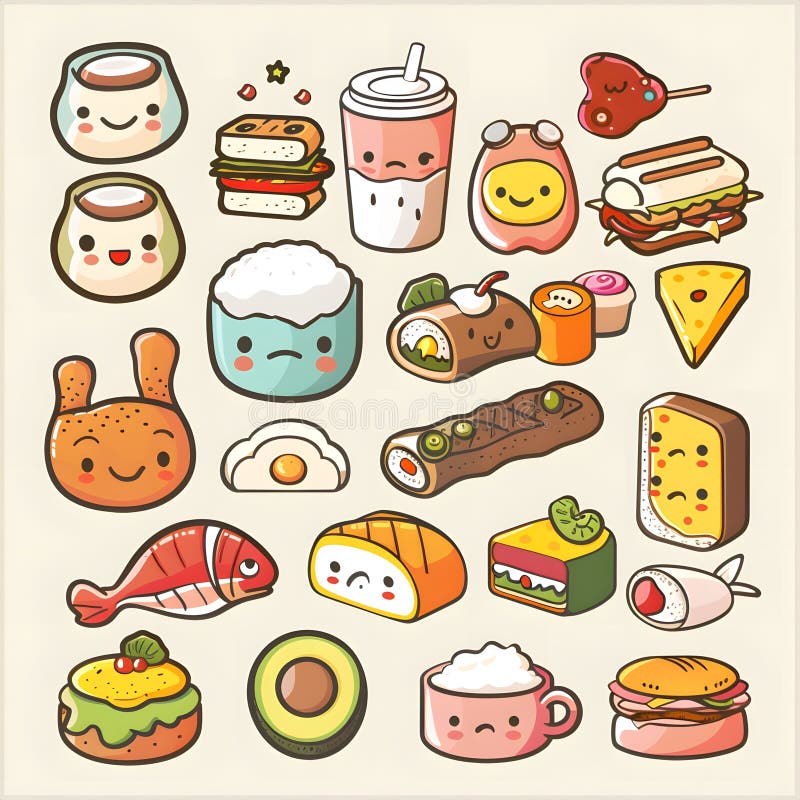 A Collection of Cartoon Foods. Stock Illustration - Illustration of ...