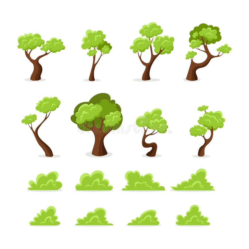 Collection Cartoon Green Tree and Bushes Isolated on White Background ...