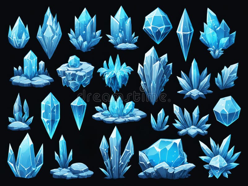 Collection of Cartoon Ice Crystals on Dark Background Stock ...