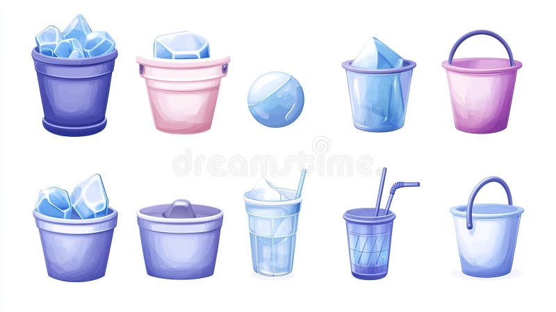 Collection of Cartoon Ice Cubes in Buckets and Glasses Stock ...