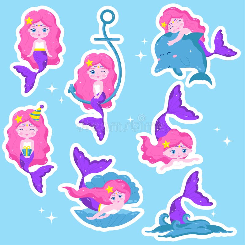 Collection of Cartoon Mermaid Character Stickers. Vector Stock Vector ...