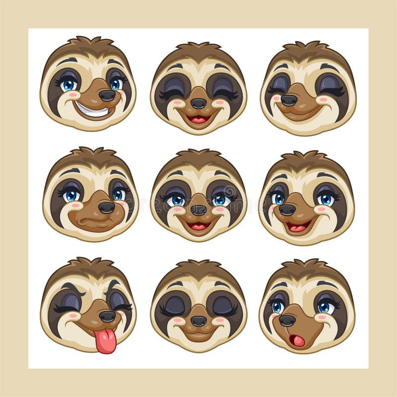 Collection of Cartoon Sloth Heads with Various Expressions Stock Vector ...