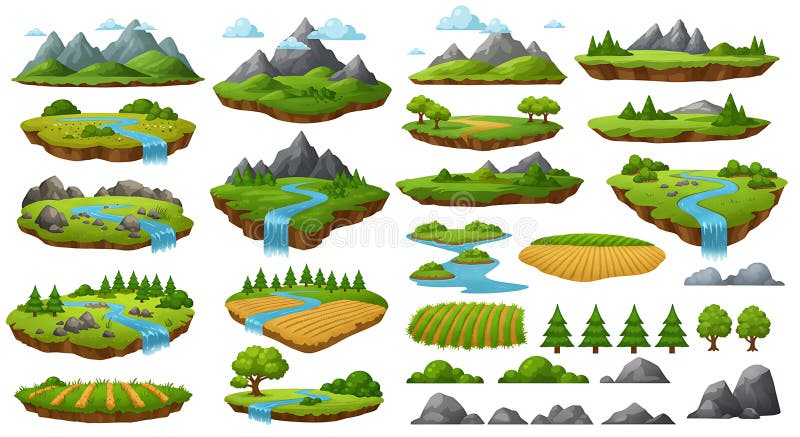 Collection of Cartoon-style Landscape Elements Floating in Space ...
