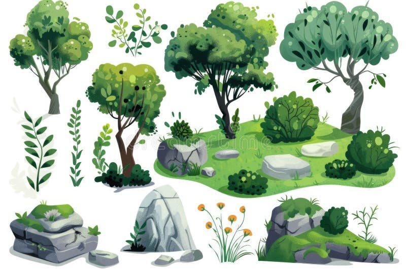 A Collection of Cartoon Trees and Rocks, Perfect for Illustrations or ...