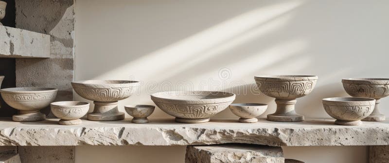 Collection of Carved Stone Bowls and Artifacts on Stone Shelves Stock ...