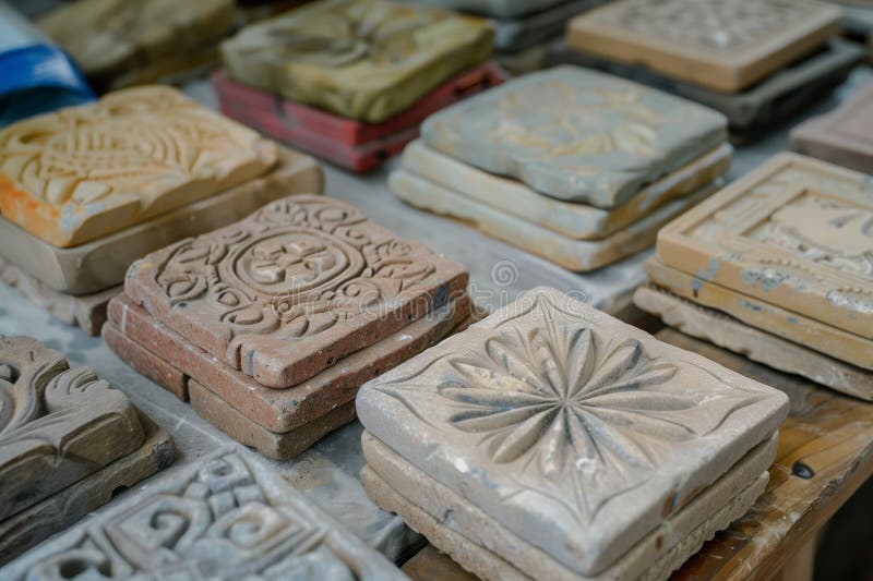 Collection of Carved Stone Coasters at Artisan Stall Stock Photo ...
