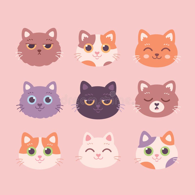 Collection of Cat Faces. Cat Characters with Different Emotions and ...