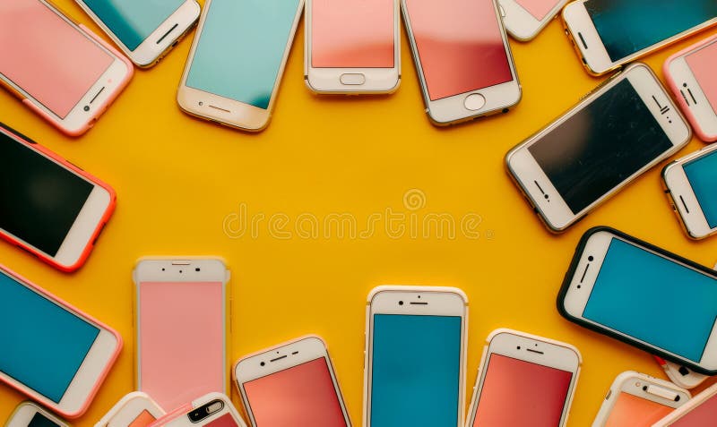 A Collection of Cell Phones are Arranged in a Circle on a Yellow ...