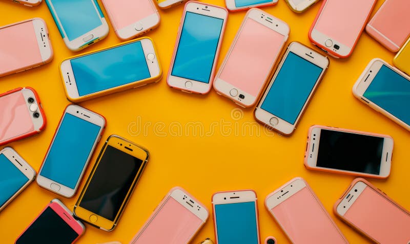 A Collection of Cell Phones are Arranged in a Circle on a Yellow ...