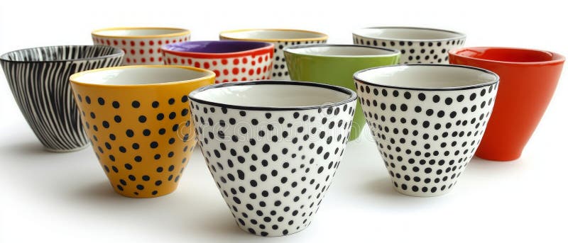 A Collection of Ceramic Cups Featuring Different Patterns and Colors ...