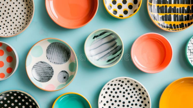 A Collection of Ceramic Dishes in a Geometric Pattern with Bold Pops of ...