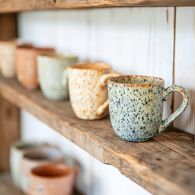 A Collection of Ceramic Mugs with Earthy Textures on a Shelf Stock ...
