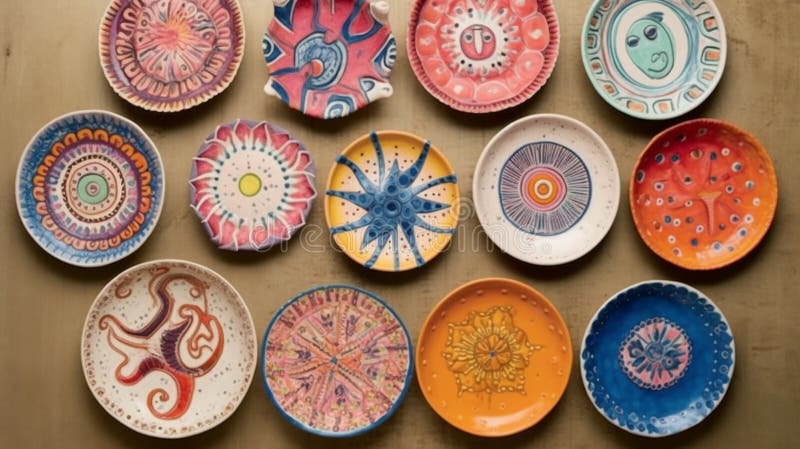 Assortment of Ceramic Plates, Featuring Individual and Colorful Designs ...