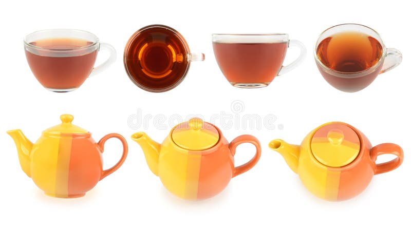 Collection Ceramic Teapots and Cups with Tea at Different Angles Stock ...