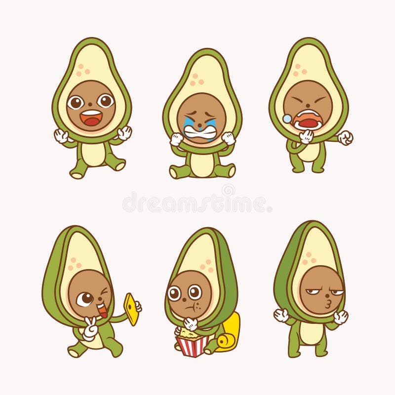 Collection Character of Cute Avocado with Different Gesture and Facial ...