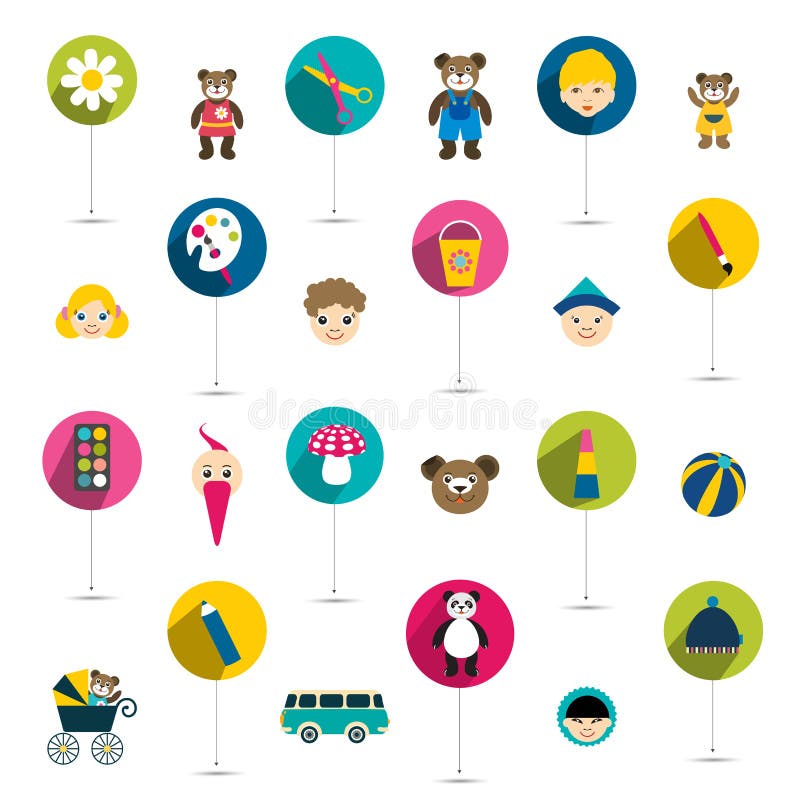 Collection of Children Flat Icon, Toys. Stock Vector - Illustration of ...