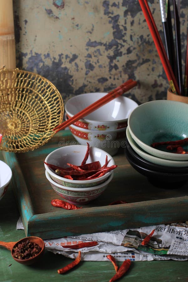 Collection of Chinese Bowl and Spoon with Rustic Background and Sun ...