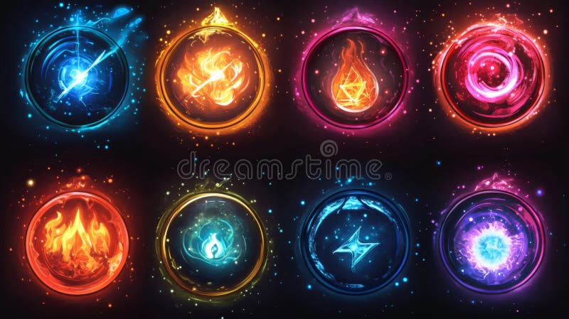 Collection of Circular Elemental Icons on Dark Background with Glowing ...