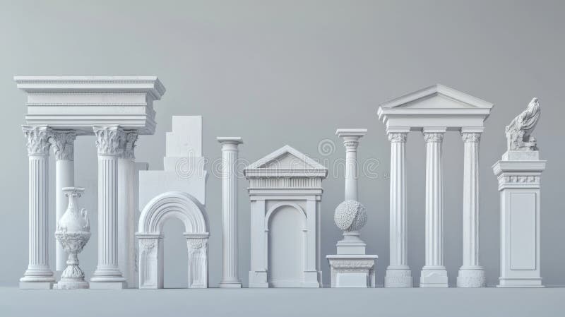 Collection of Classic Architectural Columns and Structures in White ...